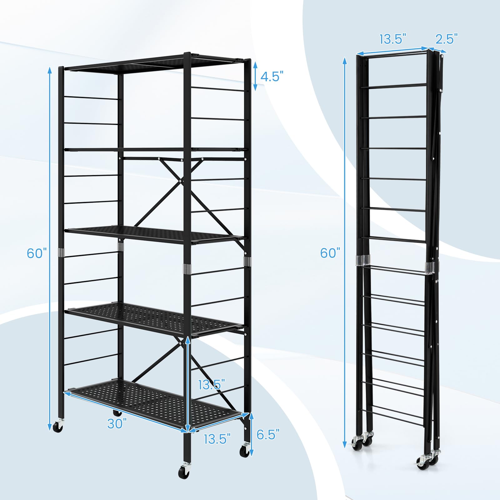 LOKO 5-Tier Folding Storage Shelves with Wheels, 60” Tall Adjustable Metal Shelving Unit, Collapsible Organizer Rack, Freestanding Open Display Shelving Rack for Garage, Kitchen, Easy Assembly (1)