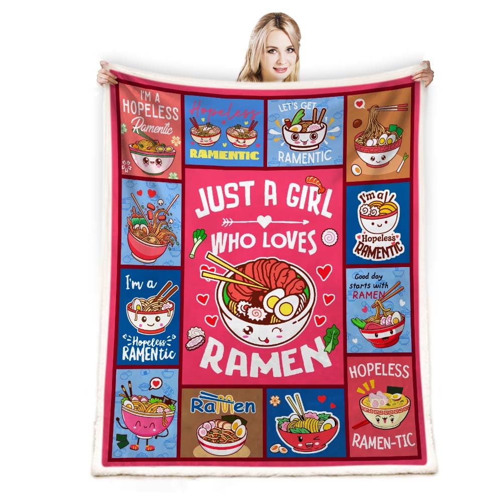 Juirnost Ramen Throw Blanket Just A Girl Who Loves Ramen Blanket Ramen Soup Throw Blanket Ramen Boba Blanket Gift for Girls Loves Noodles Super Soft Lightweight Blankets 50" x 60"