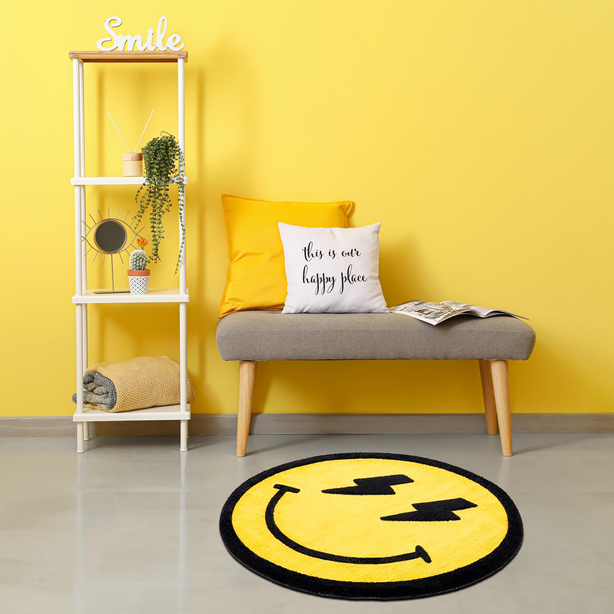 Beyond Deco Smiley Face Rug,35'' W x 35'' L Tufted Handmade Rug Funny Rug, Machine Washable Bathroom Rug for Decoration, Funny Fluffy Rug, Bedroom Decor, Area Rug