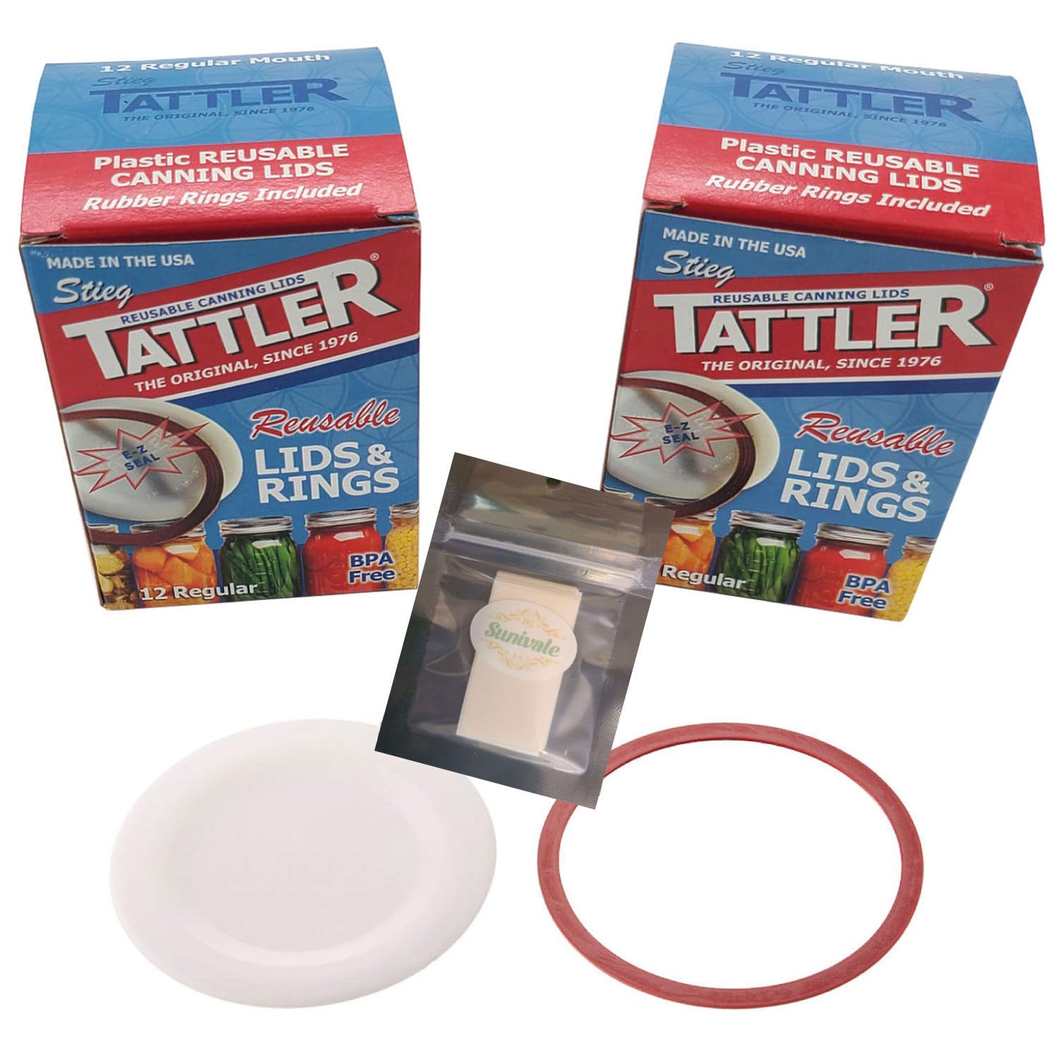 Reusable Canning Lids Bundle Includes 24 Regular Mouth Tattler Lids and Rings and 24 Dissolvable Sunivale Jar Labels For Use With Hot Water Bath, Vacuum Sealer and Pressure Canning Methods Made in USA