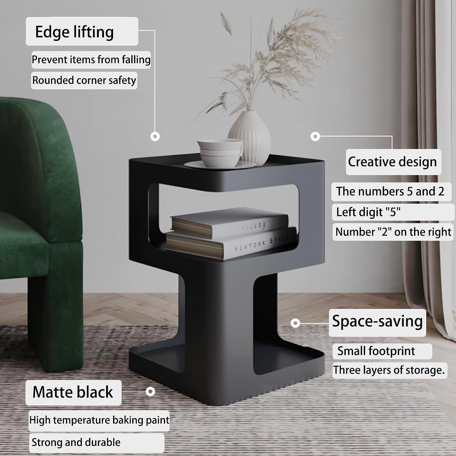 BUZUEY Side Table,Modern end Table,Black Metal nightstand,Bedside Tables,Accent Table with Storage for Living Room Bedroom entryway Couch,no Assembly Required,Unique Furniture.