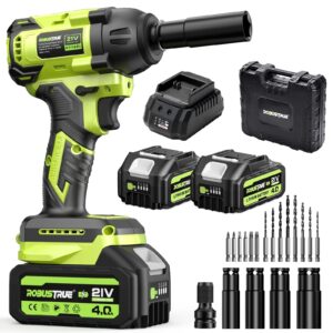 robustrue cordless impact wrench, 406ft-lbs (550n.m) brushless 1/2 inch impact wrench, 2800rpm high torque impact gun, 2x 4.0ah battery, charger, 4 sockets, electric impact wrench for car home