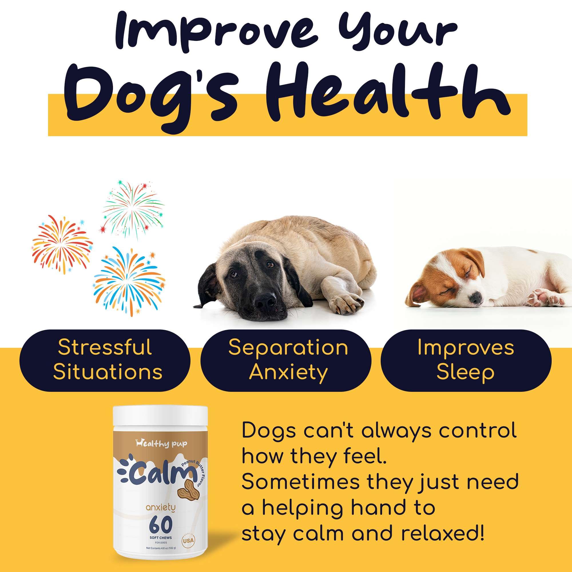 Calming Chews for Dogs with Melatonin - 60 Delicious Soft Treats for Dog Anxiety Relief for Large and Small Dogs - Peanut Butter Flavor - Includes Chamomile, Thiamine, L-Tryptophan