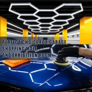 Baquler 15 Hexagon LED Garage Light System Honeycomb LED Shop Lights with White Border for Garage Workshop Car Detailing Shop Exhibition Hall, 680 W 81600 LM, 15.88 x 7.98 ft Ceiling Decor(1 Set)