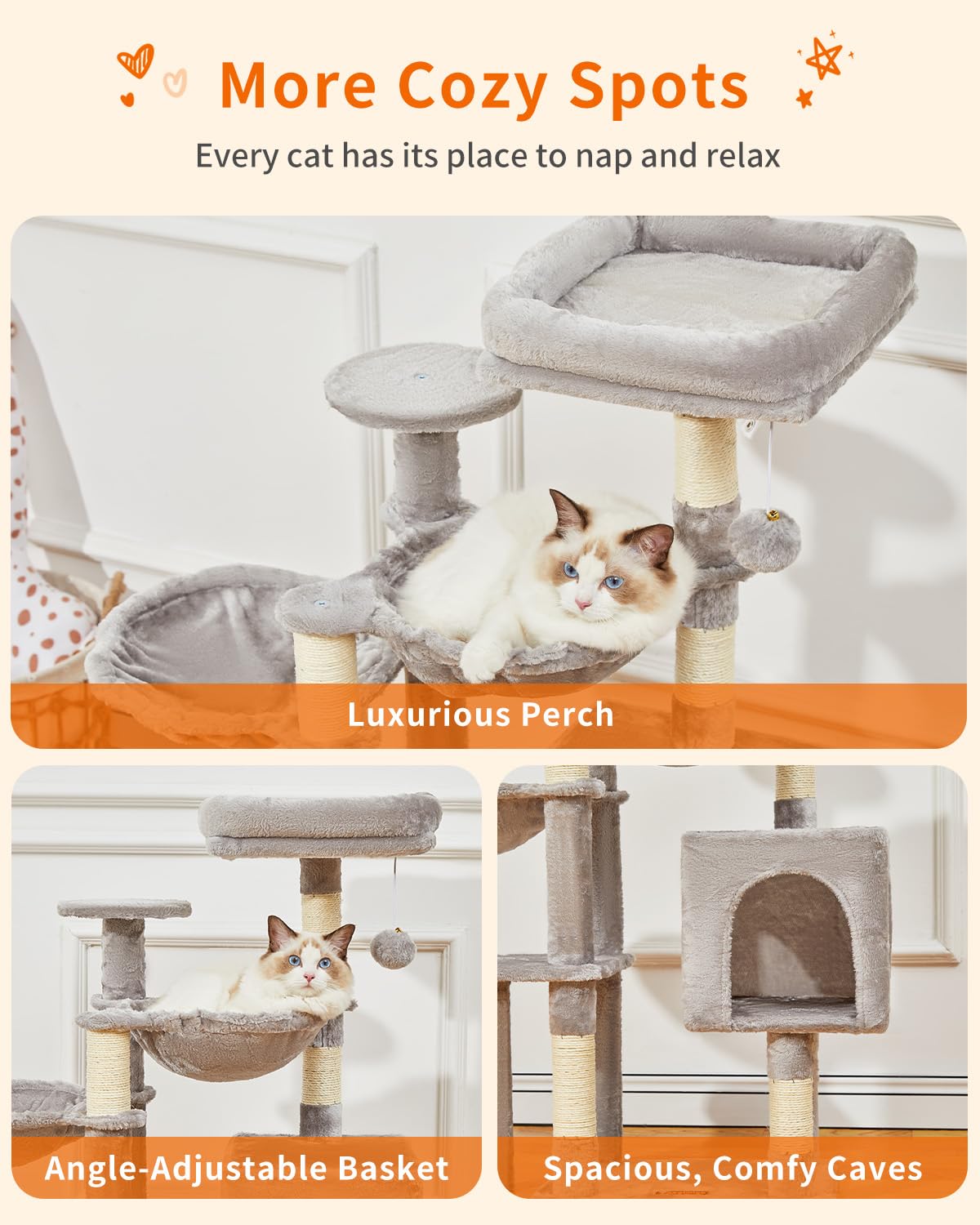 Taoqimiao Cat Tree, 39.4-Inch Cat Tower for Indoor Cats,Suitable for Kittens,Plush Cat Condo with 5 Scratching Posts, Plush Perch,2 Hammock,Pompoms, MS019W Light Gray