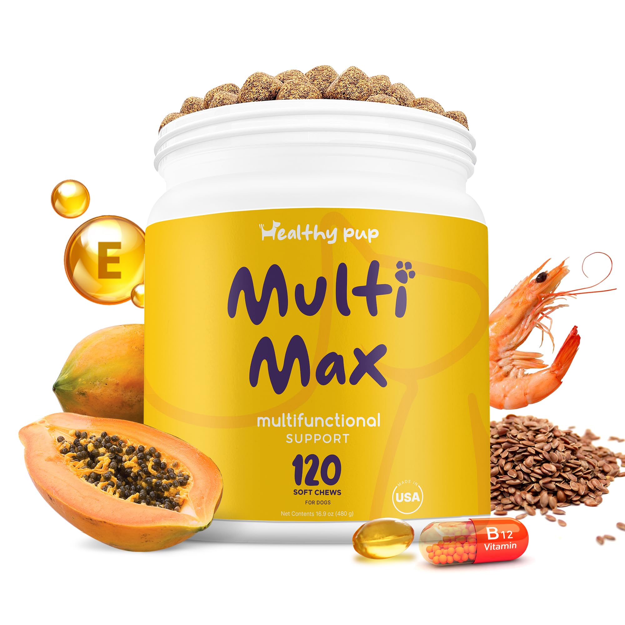 Dog Multivitamin Supplement - 120 Soft Chew Dog Vitamins and Supplements with Omega, Probiotics, Glucosamine, and More - for Small, Large, and Senior Dogs