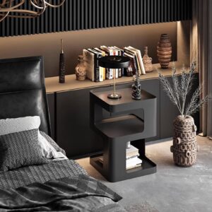 BUZUEY Side Table,Modern end Table,Black Metal nightstand,Bedside Tables,Accent Table with Storage for Living Room Bedroom entryway Couch,no Assembly Required,Unique Furniture.