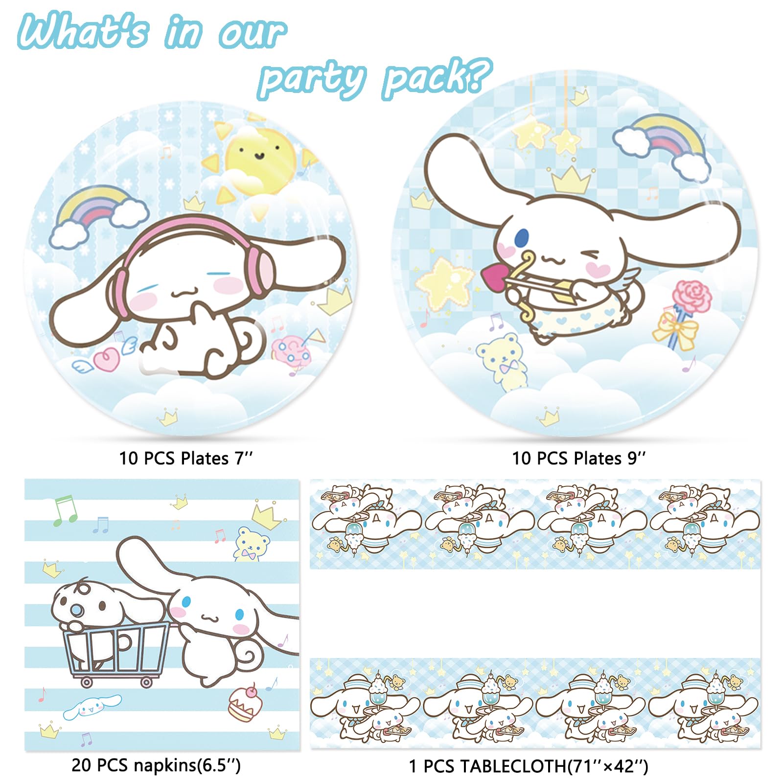 Cinnamoroll Birthday Decorations, 20 Plates, 20 Napkins and 1 Tablecover for Boys Girls Party Supplies