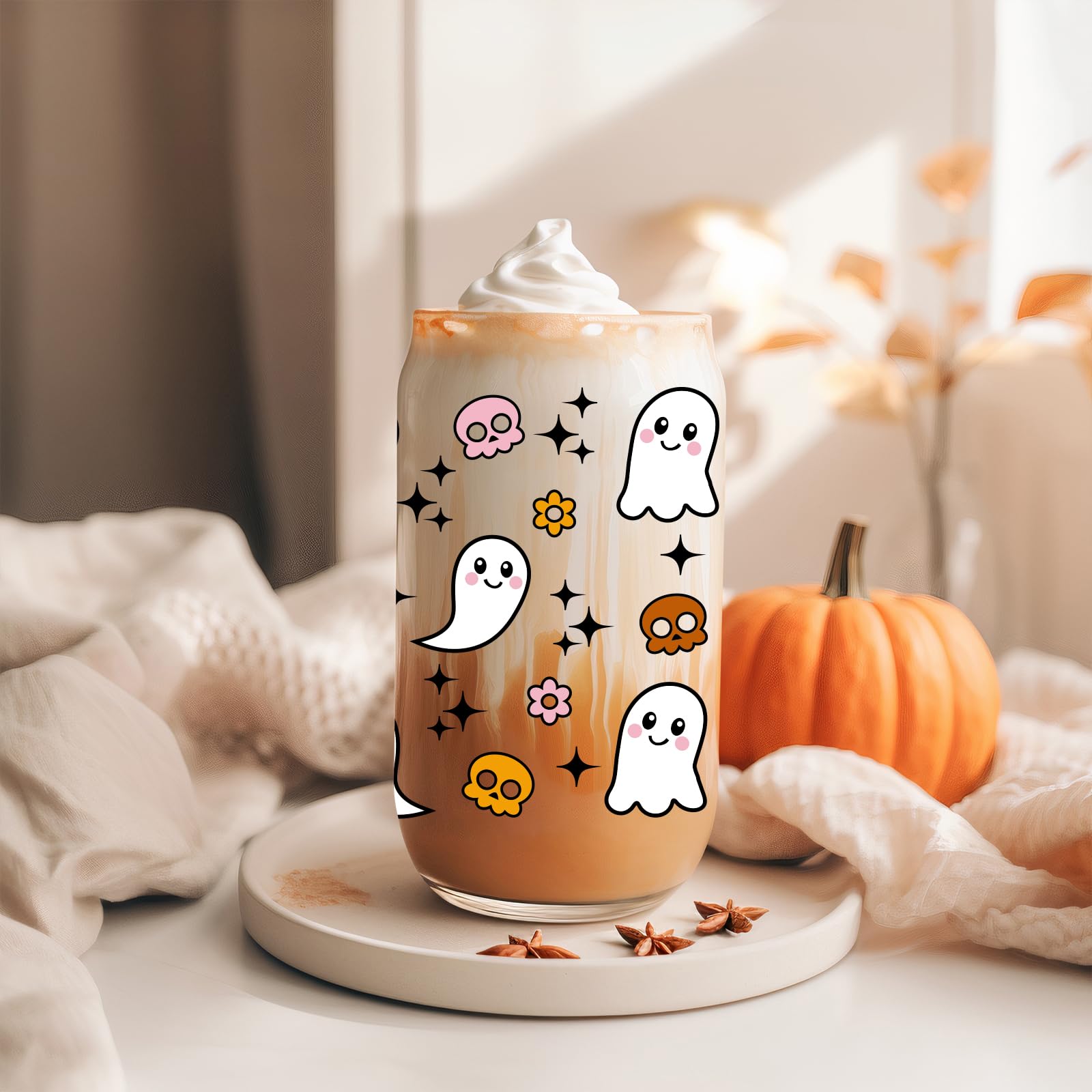 Fairy's Gift Halloween Spooky Cup, Cute Ghost Glass Cup with Lid and Straw, Spooky Babe & Ghost Skulls Halloween Cup, Spooky Ice Coffee Cup - Halloween Gifts, Spooky Gifts for Women, Teens, Her