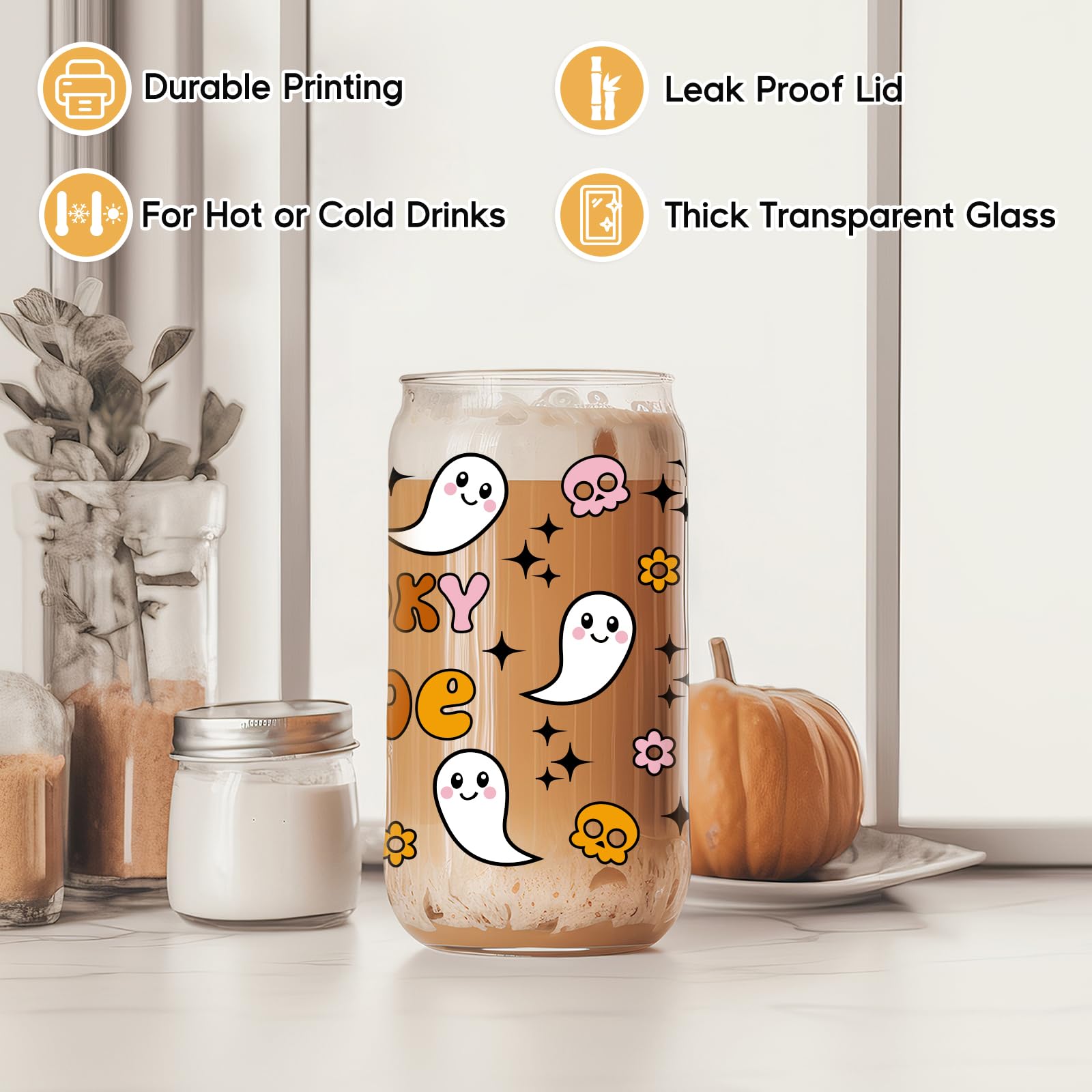 Fairy's Gift Halloween Spooky Cup, Cute Ghost Glass Cup with Lid and Straw, Spooky Babe & Ghost Skulls Halloween Cup, Spooky Ice Coffee Cup - Halloween Gifts, Spooky Gifts for Women, Teens, Her