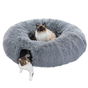 pawz road large cat tunnel, cat tunnel bed with central soft mat and dangling balls, collapsible fluffy plush cat tube (9.8 inches in diameter) for indoor cats, rabbits and puppies