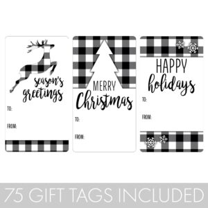 Black and White Plaid Christmas Gift Tags, 75 Gift Wrap Tags, Buffalo Plaid Wrapping Paper Supplies, Peel and Stick Christmas Gift Tags