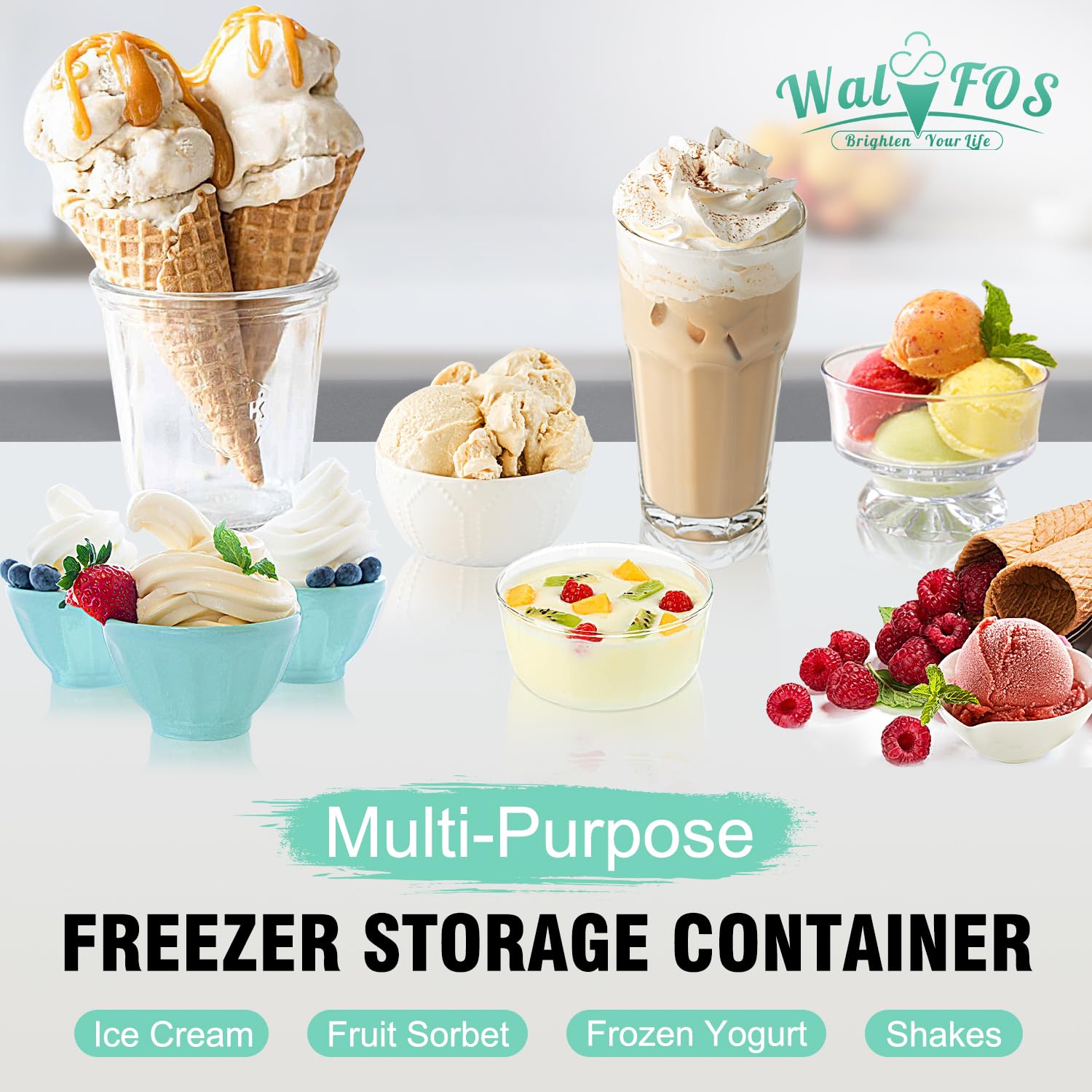 Walfos Ice Cream Containers for Homemade Ice Cream - 1.6 Quart & 8 oz. Set, Bonus Sealing Bands Keeping Silicone Lids Airtight, Reusable Ice Cream Tubs, Stackable Freezer Storage Container - Green