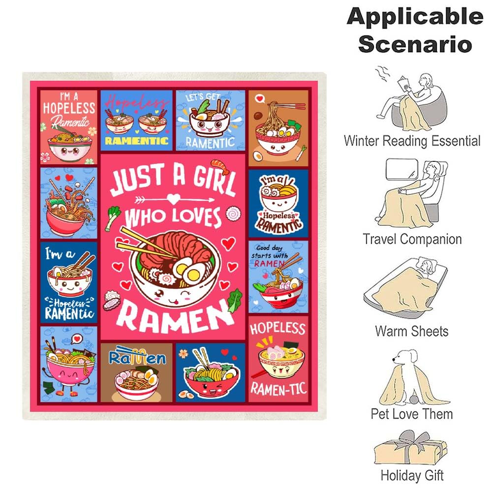 Juirnost Ramen Throw Blanket Just A Girl Who Loves Ramen Blanket Ramen Soup Throw Blanket Ramen Boba Blanket Gift for Girls Loves Noodles Super Soft Lightweight Blankets 50" x 60"