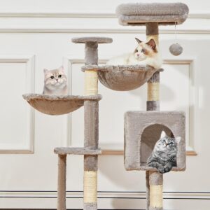 Taoqimiao Cat Tree, 39.4-Inch Cat Tower for Indoor Cats,Suitable for Kittens,Plush Cat Condo with 5 Scratching Posts, Plush Perch,2 Hammock,Pompoms, MS019W Light Gray