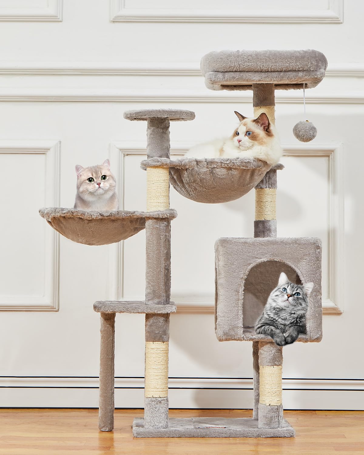 Taoqimiao Cat Tree, 39.4-Inch Cat Tower for Indoor Cats,Suitable for Kittens,Plush Cat Condo with 5 Scratching Posts, Plush Perch,2 Hammock,Pompoms, MS019W Light Gray