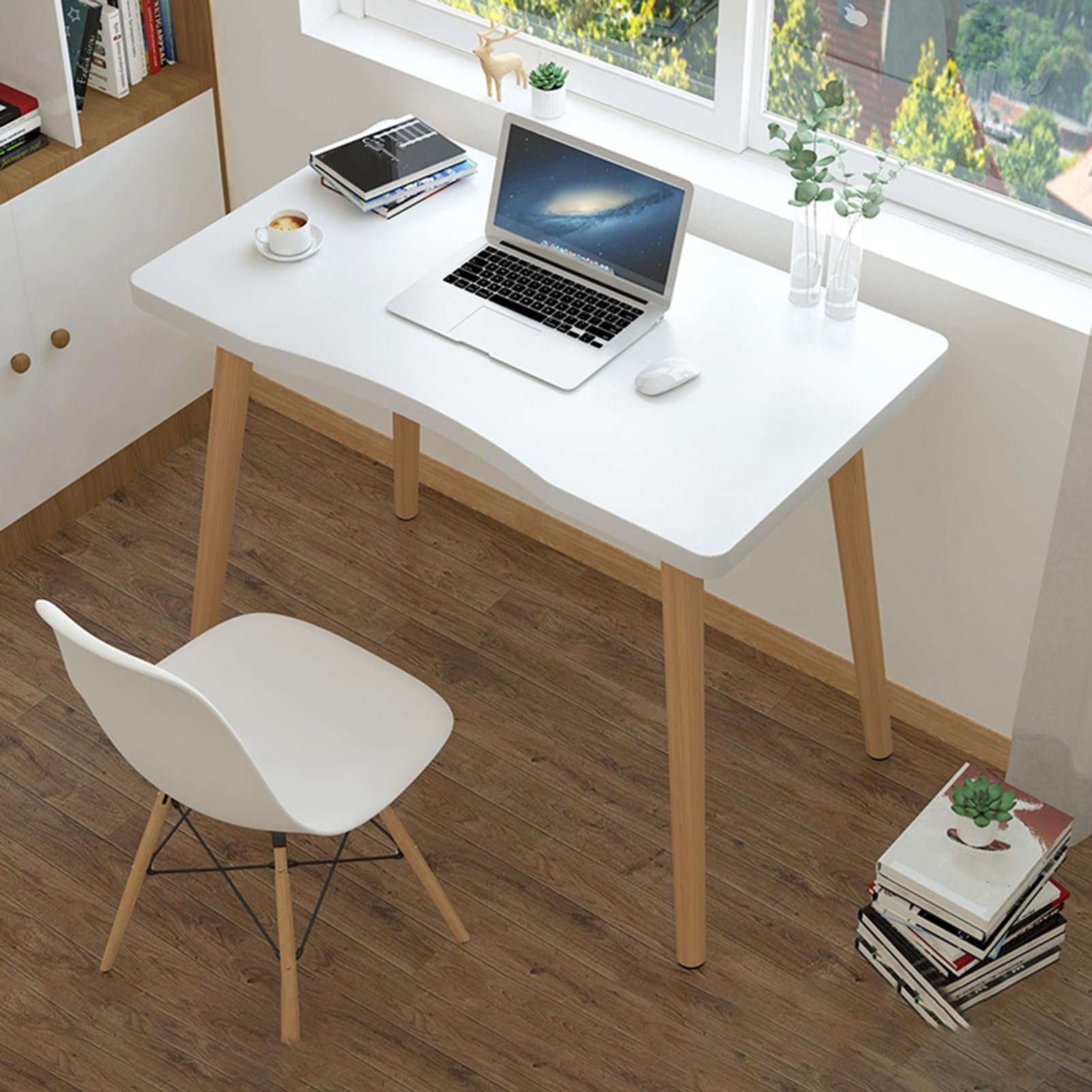 Modern Computer Desk, Spacious Thickened Work Writing Desk, White Solid Wood PC Work Writing Table, Simple Student Study Table for Bedroom Home Office Writing Desk White