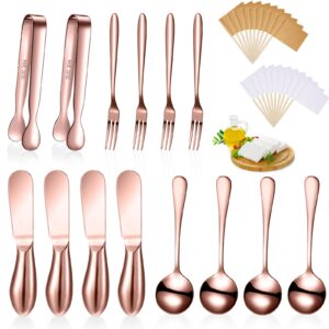 14 pieces charcuterie board accessories cheese spreader knives set stainless steel charcuterie utensils spreader knives mini serving tongs spoons and forks for cheese and pastry making (rose gold)