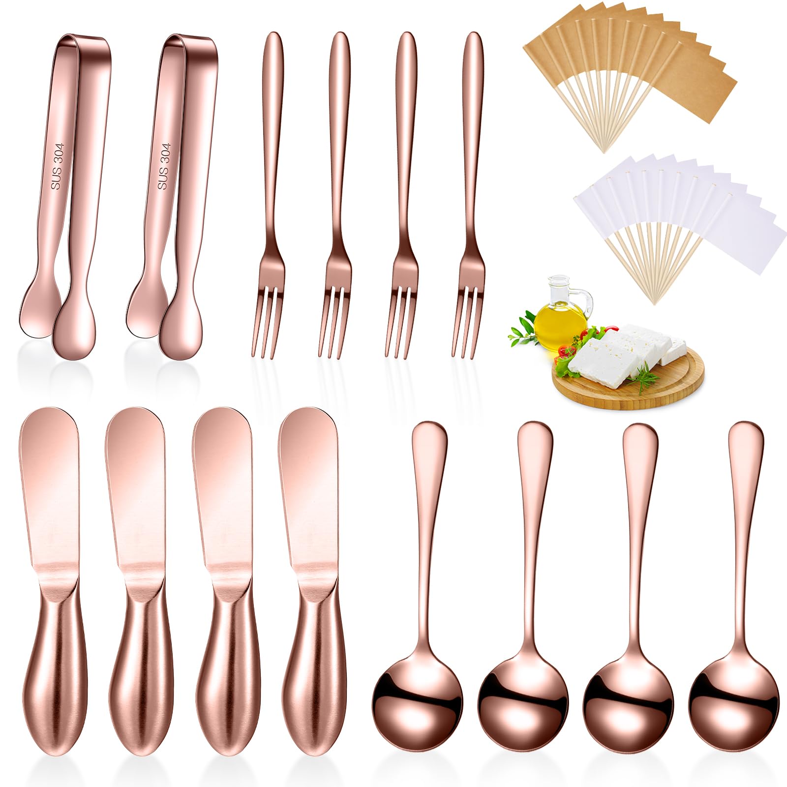 14 Pieces Charcuterie Board Accessories Cheese Spreader Knives Set Stainless Steel Charcuterie Utensils Spreader Knives Mini Serving Tongs Spoons and Forks for Cheese and Pastry Making (Rose Gold)