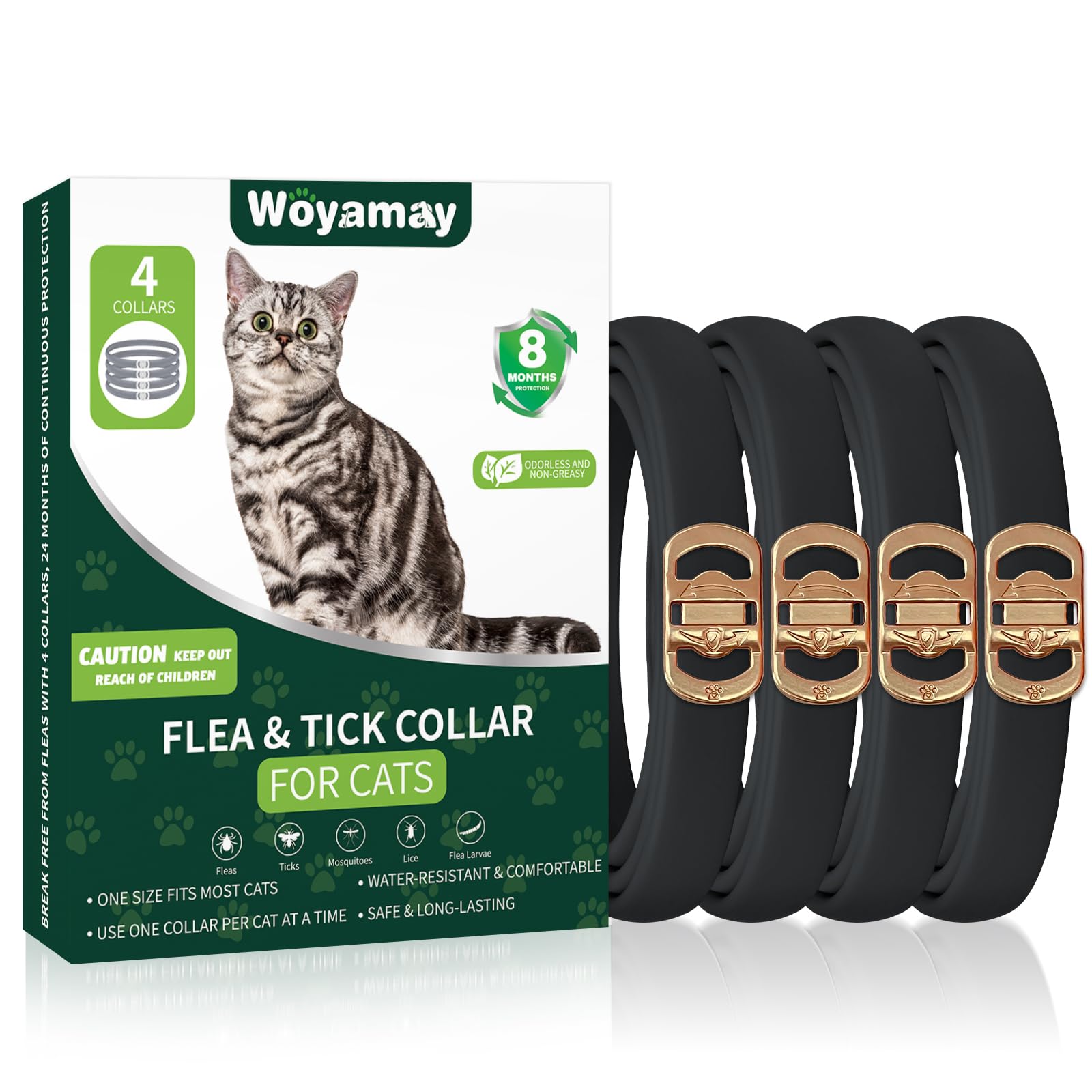 4 Pack Flea Collar for Cats, Cat Flea and Tick Treatment, 8 Months Protection Flea and Tick Prevention for Cats, Waterproof Cat Flea Collar, Adjustable Cat Flea and Tick Collar for Cats Kittens, Black