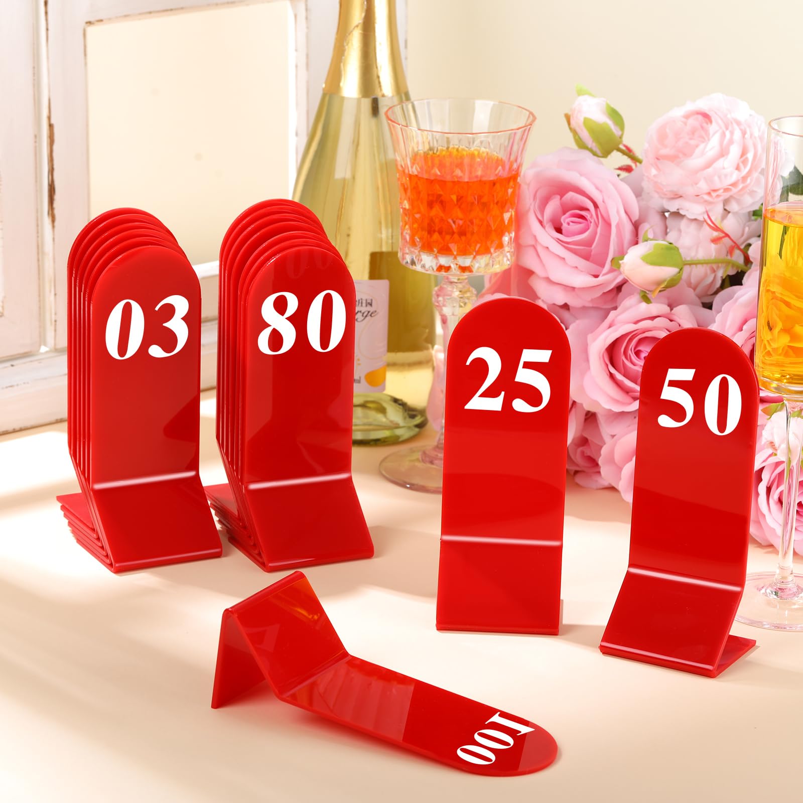 Geetery 100 Pcs Acrylic Table Numbers 1-100 Double Sided Table Number Cards Wedding Table Number Stands Restaurant Table Tent Table Number Signs for Party Banquets Supplies, 2.36 x 6.3 Inch (Red)