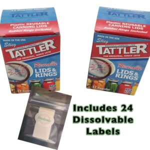 Reusable Canning Lids Bundle Includes 24 Regular Mouth Tattler Lids and Rings and 24 Dissolvable Sunivale Jar Labels For Use With Hot Water Bath, Vacuum Sealer and Pressure Canning Methods Made in USA