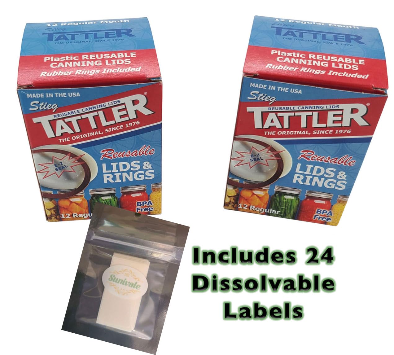 Reusable Canning Lids Bundle Includes 24 Regular Mouth Tattler Lids and Rings and 24 Dissolvable Sunivale Jar Labels For Use With Hot Water Bath, Vacuum Sealer and Pressure Canning Methods Made in USA