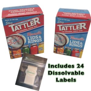 Reusable Canning Lids Bundle Includes 12 Wide and 12 Regular Mouth Tattler Lids and Rings and 24 Dissolvable Sunivale Jar Labels For Use With Hot Water Bath and Pressure Canning Methods Made in USA