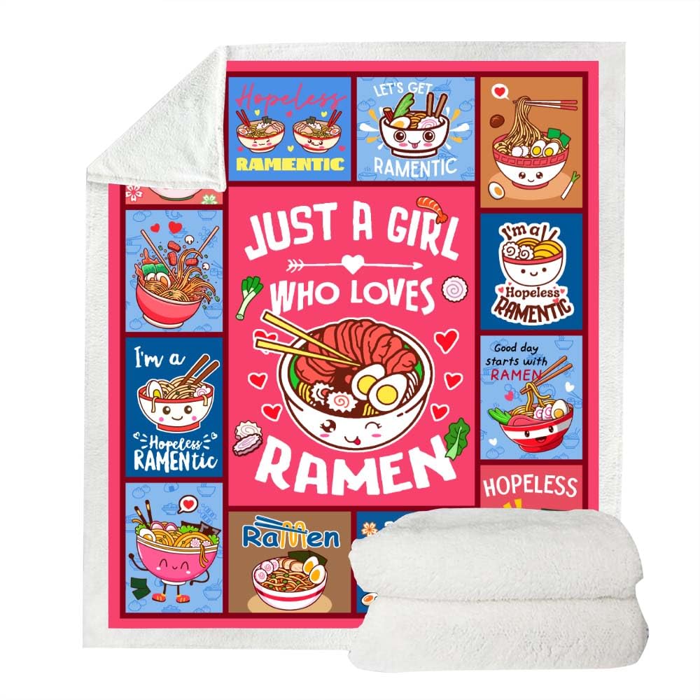 Juirnost Ramen Throw Blanket Just A Girl Who Loves Ramen Blanket Ramen Soup Throw Blanket Ramen Boba Blanket Gift for Girls Loves Noodles Super Soft Lightweight Blankets 50" x 60"