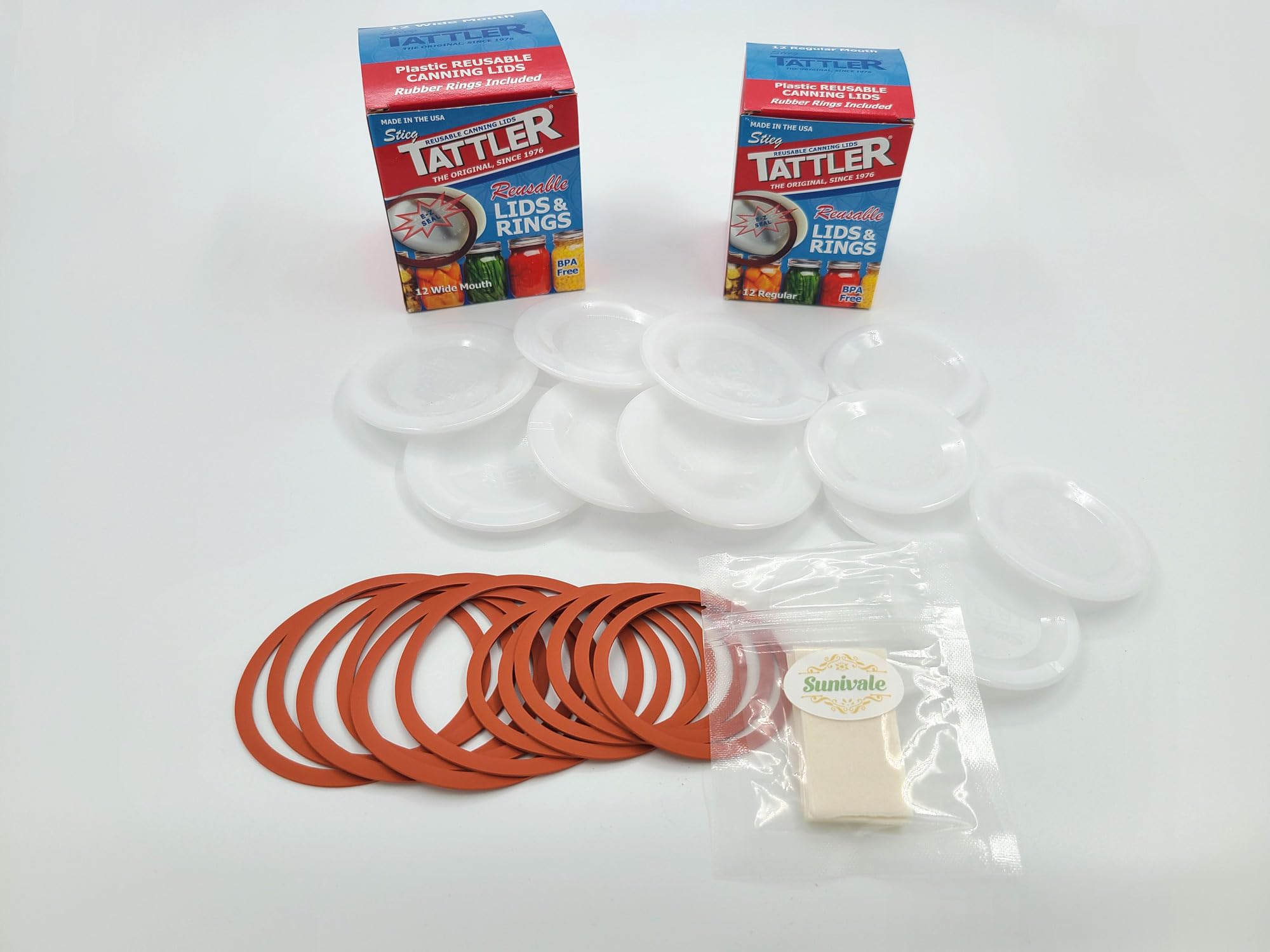 Reusable Canning Lids Bundle Includes 12 Wide and 12 Regular Mouth Tattler Lids and Rings and 24 Dissolvable Sunivale Jar Labels For Use With Hot Water Bath and Pressure Canning Methods Made in USA