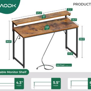 AODK Computer Desk, 48 Inch Gaming Desk with LED Lights and Power Outlet, Office Desk with Adjustable Monitor Shelf (3 Heights), Computer Table Work Desk for Home/Bedroom, Rustic Brown