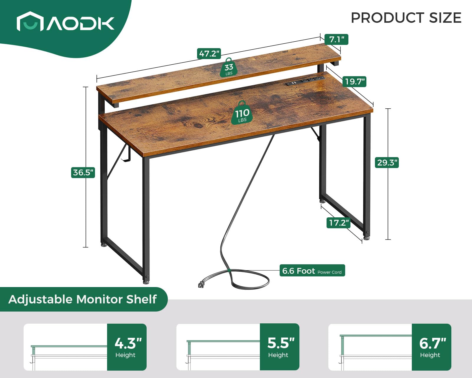 AODK Computer Desk, 48 Inch Gaming Desk with LED Lights and Power Outlet, Office Desk with Adjustable Monitor Shelf (3 Heights), Computer Table Work Desk for Home/Bedroom, Rustic Brown