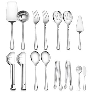 teivio 15pcs stainless steel large serving utensils - serving spoons/forks/tongs,slotted spoons,soup ladles,butter knife,sugar spoon,cake server,lasagna server(spatula),for buffet/chafing dish,silver