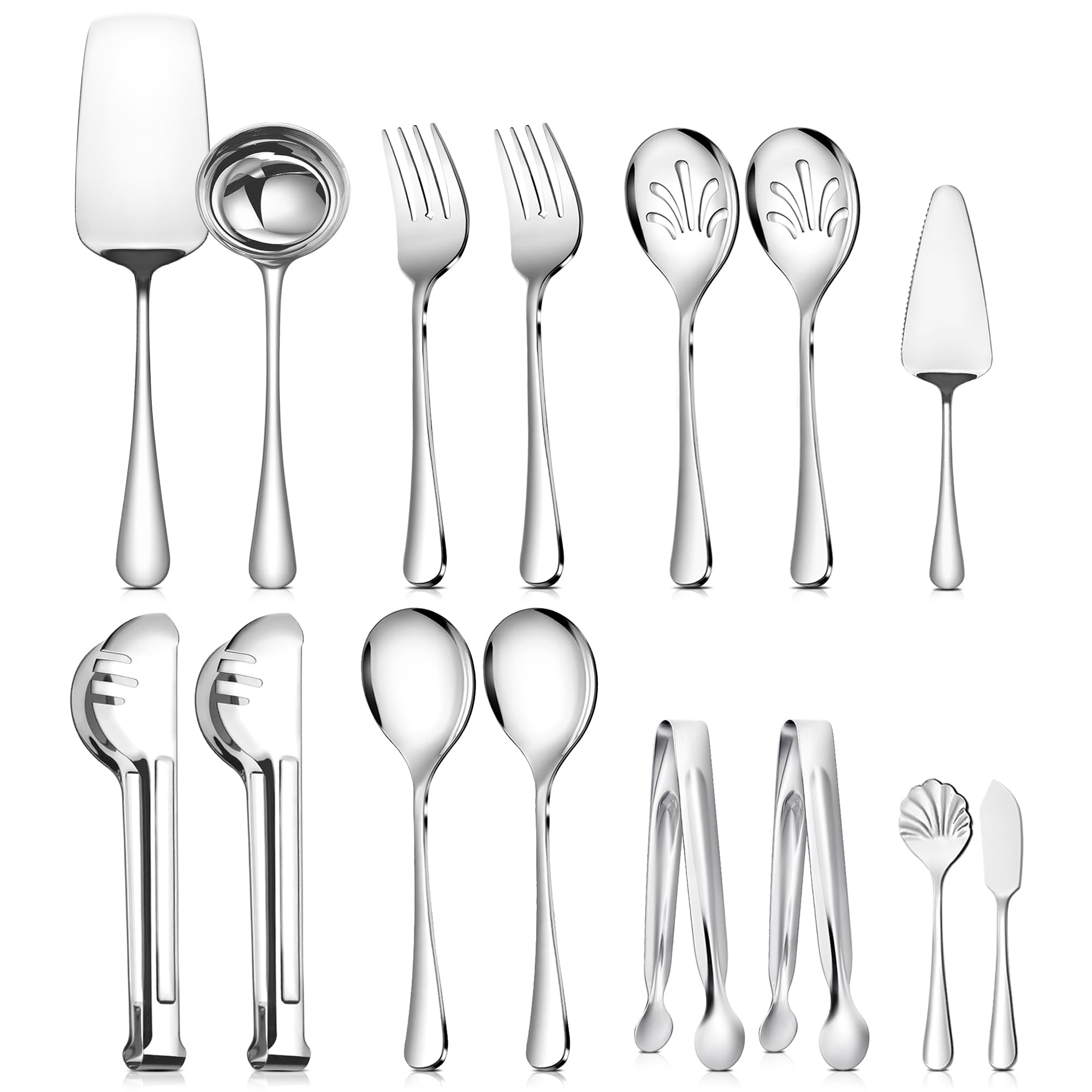 Teivio 15PCS Stainless Steel Large Serving Utensils - Serving Spoons/Forks/Tongs,Slotted Spoons,Soup Ladles,Butter Knife,Sugar Spoon,Cake Server,Lasagna Server(Spatula),for Buffet/Chafing Dish,Silver