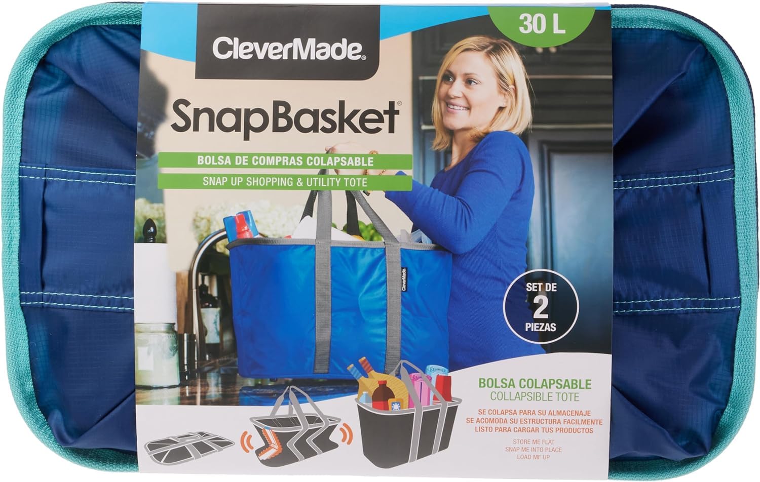 CleverMade SnapBasket 30L Collapsible Tote - Navy/Teal, Pack of 2