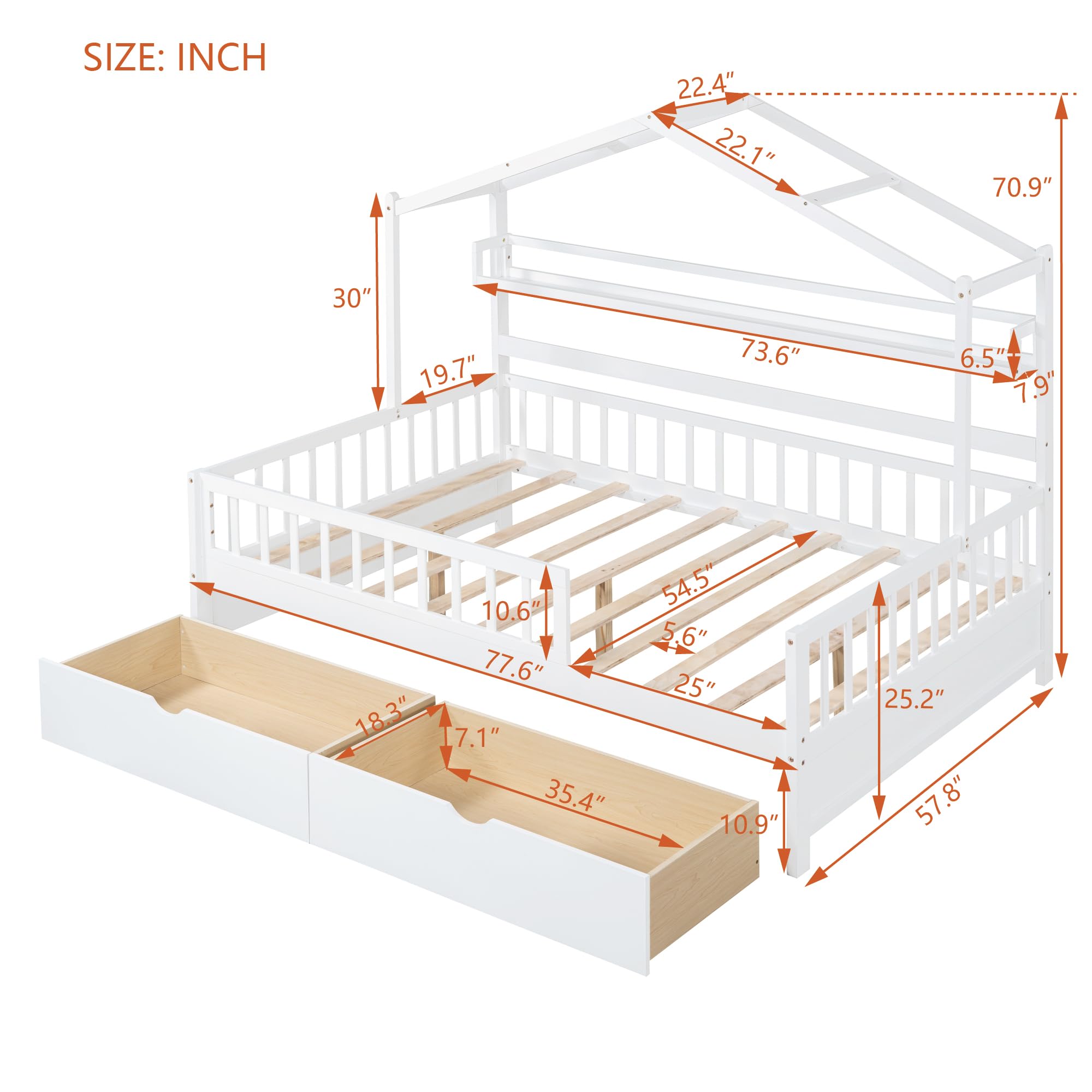 DEINPPA Full House Bed with Drawers, Kids Bed with Shelf and Fence Guardrails, Wood Bed Frame with Decorative Roof Designs, No Box Spring Needed, for Boys Girls Toddler Kids-White