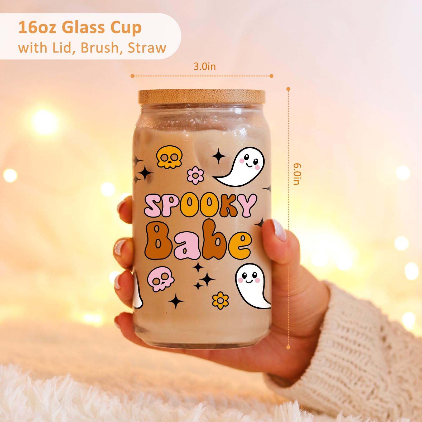 Fairy's Gift Halloween Spooky Cup, Cute Ghost Glass Cup with Lid and Straw, Spooky Babe & Ghost Skulls Halloween Cup, Spooky Ice Coffee Cup - Halloween Gifts, Spooky Gifts for Women, Teens, Her