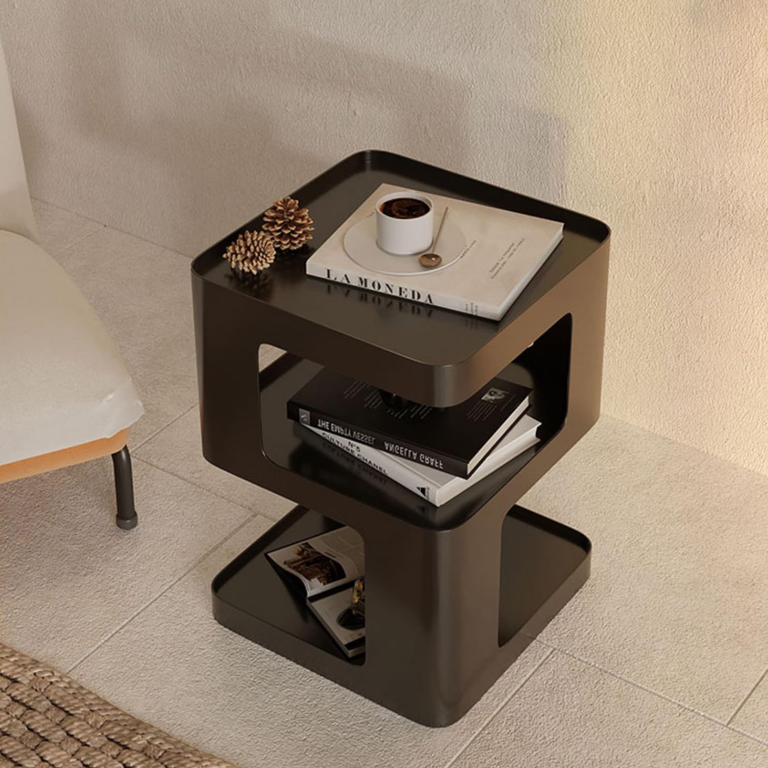 BUZUEY Side Table,Modern end Table,Black Metal nightstand,Bedside Tables,Accent Table with Storage for Living Room Bedroom entryway Couch,no Assembly Required,Unique Furniture.