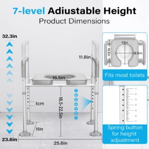 Raised Toilet Seat with Handles, 350lbs 7 Adjustable Height Elevated Toilet Seat Riser with Cozy Padded, Toilet Safety Frame Toilet Helper for Seniors, Handicap, Pregnant, Fit Any Toilet