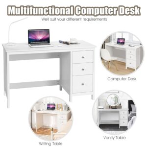 POWERSTONE Computer Desk with 3 Drawers, 48" Modern Home Office Desk Study Writing Table Computer Workstation (White)