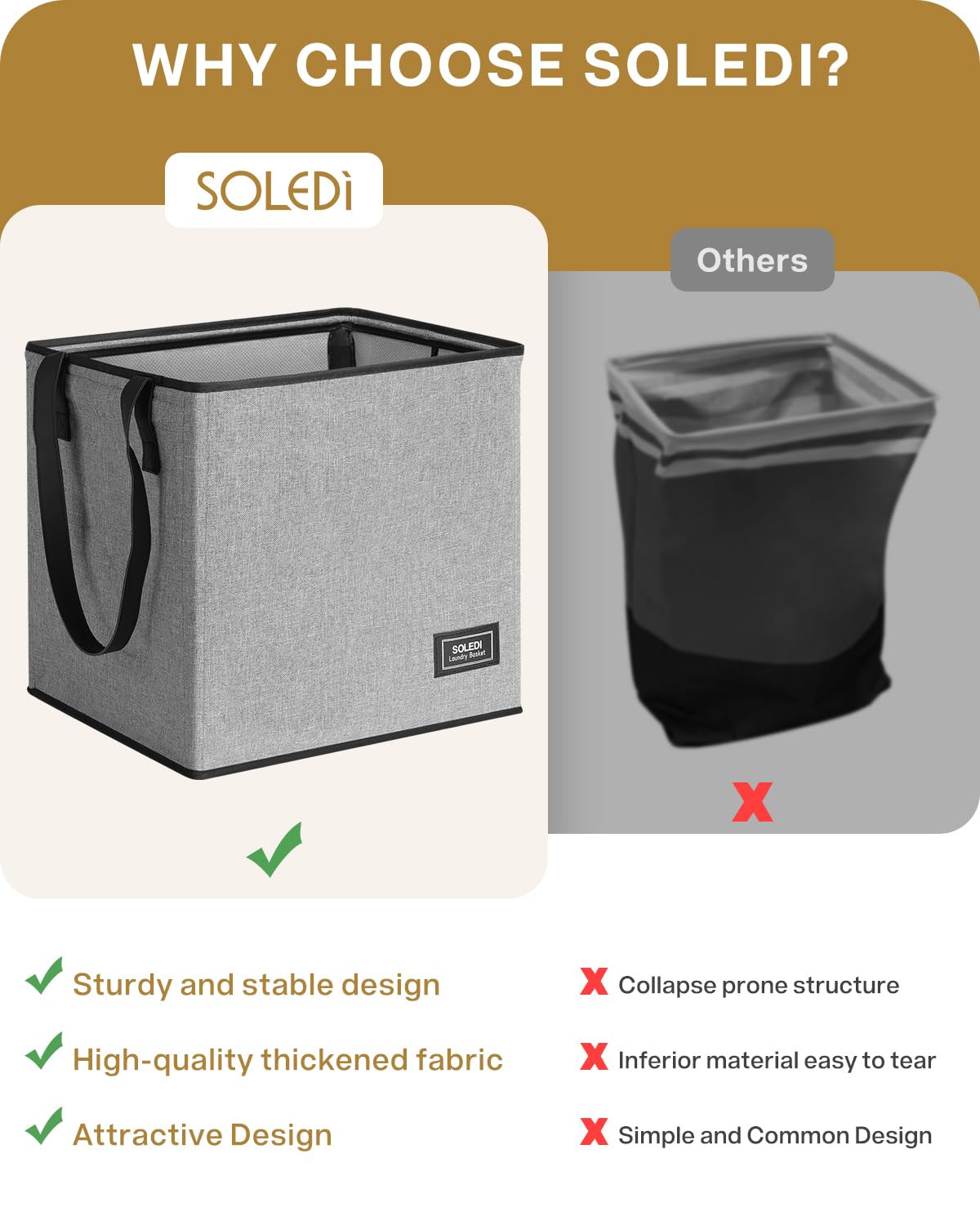 SOLEDI Collapsible Laundry Baskets, 2-Pack 50L (13 Gal) Collapsible Laundry Tote with Extended Easy Carry Handle, Sturdy Iron Wire Frame, Freestanding Clothes Basket for Bathroom, Bedroom, Dorm. Grey