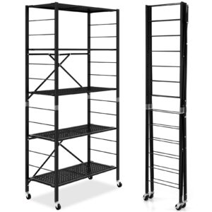 loko 5-tier folding storage shelves with wheels, 60” tall adjustable metal shelving unit, collapsible organizer rack, freestanding open display shelving rack for garage, kitchen, easy assembly (1)