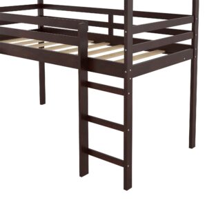 Harper & Bright Designs Twin Size Loft Bed with Slide, House Loft Bed with Slide, Solid Wood Bed Frame for Kids Girls & Boys, Espresso