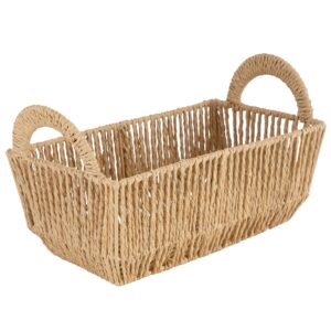 simplify small shelf storage basket | dimensions: 11.4"x 6.5"x4.5" | 2 carry handles | vertical weave design | paper rope material | great for living spaces | great for storage and display