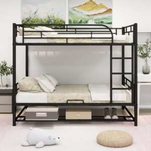 bellemave bunk bed full over full,kids bunk bed,metal bunk bed with shelf and guardrails,full bunk beds for kids, teens & adults（black）