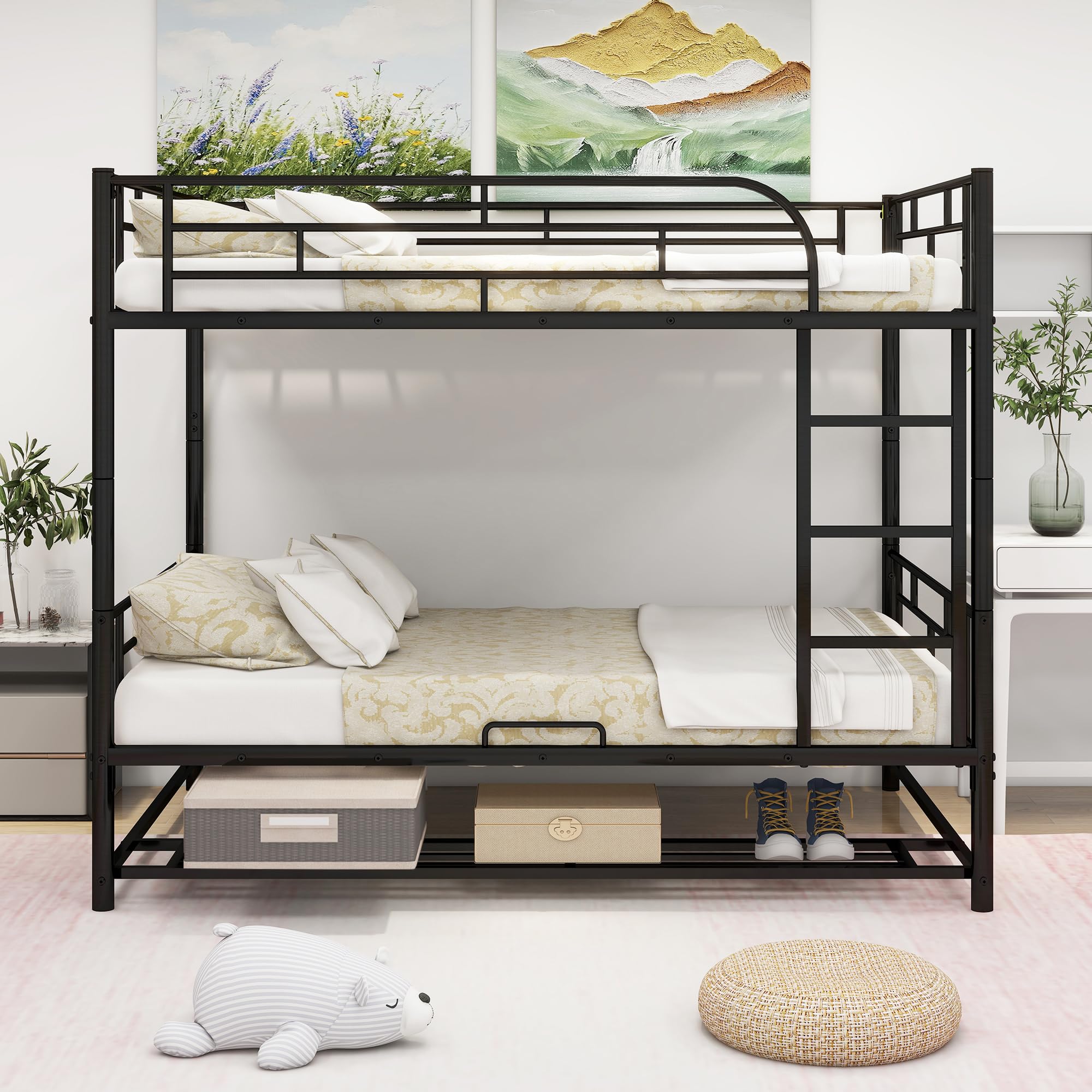 Bellemave Bunk Bed Full Over Full,Kids Bunk Bed,Metal Bunk Bed with Shelf and Guardrails,Full bunk beds for Kids, Teens & Adults（Black）