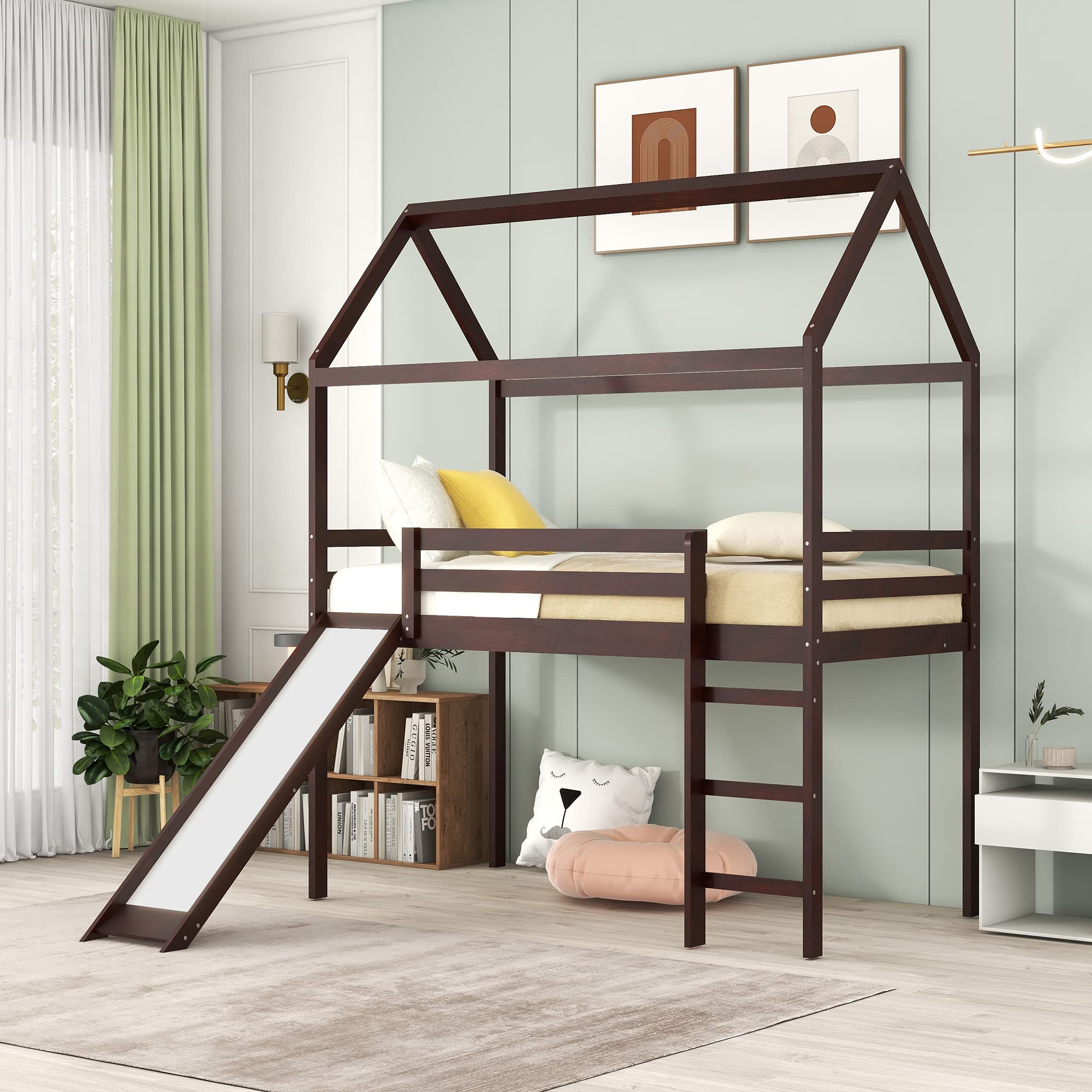 Harper & Bright Designs Twin Size Loft Bed with Slide, House Loft Bed with Slide, Solid Wood Bed Frame for Kids Girls & Boys, Espresso