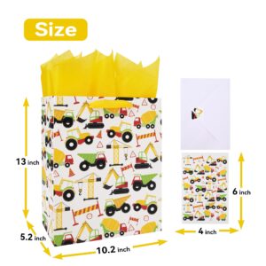 13" Large Construction Vehicle Gift Bags Set with Greeting Card and Tissue Paper (Yellow Car Design) for boys, Construction Kids Birthday Party, Baby boy, Baby Shower, Truck, Newborn -10.2”x5.2”x13”, 1 Pcs