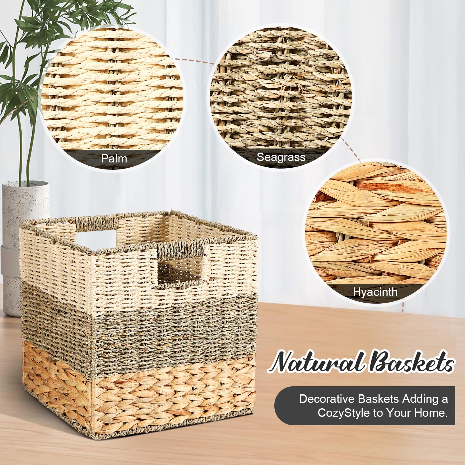 6 Pack Natural Wicker Storage Cubes Baskets 12 x 12 Wicker Basket Laundry Organizer for Cube Shelf, Foldable Square Baskets with Built in Handles for Shelves Decor Inserts