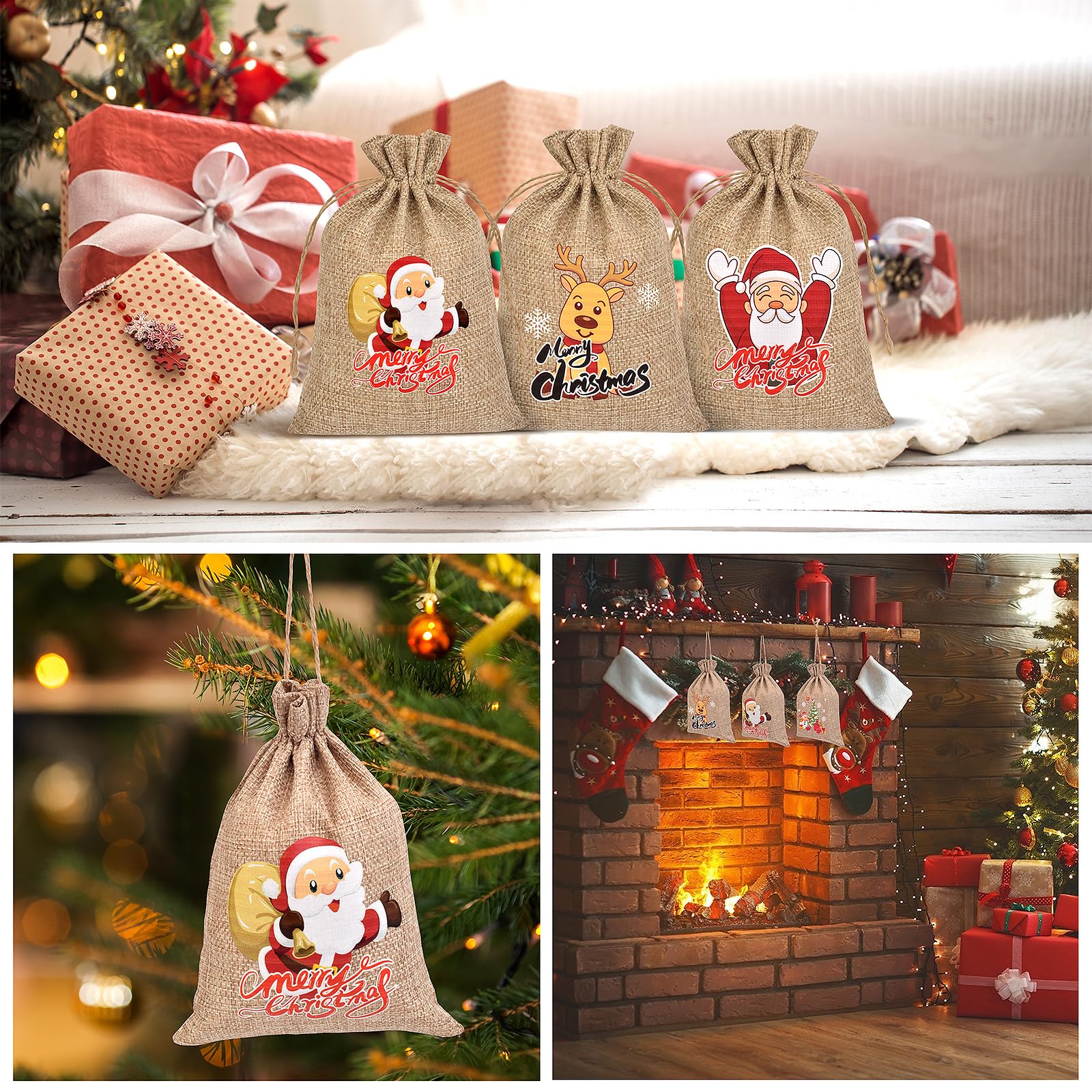 TANGXIA Christmas Small Burlap Bags with Drawstring, Burlap Gift Bags Christmas Linen Treat Sacks Gift Wrapping Bags Xmas Holiday Party Favors Bags(7x5 inch, 24 Pcs)